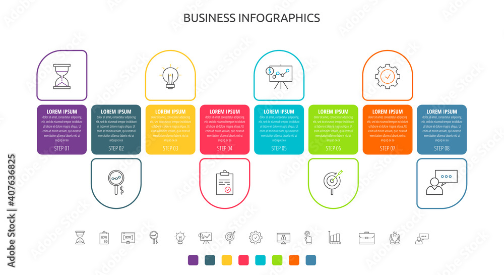 Vector infographics label with 8 steps, icons. Line chart. Timeline used for diagram, web ...