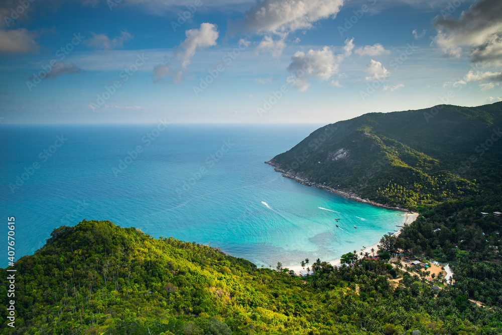 Thailand jungle island aerial: ocean sand beach at resort with lodges ...