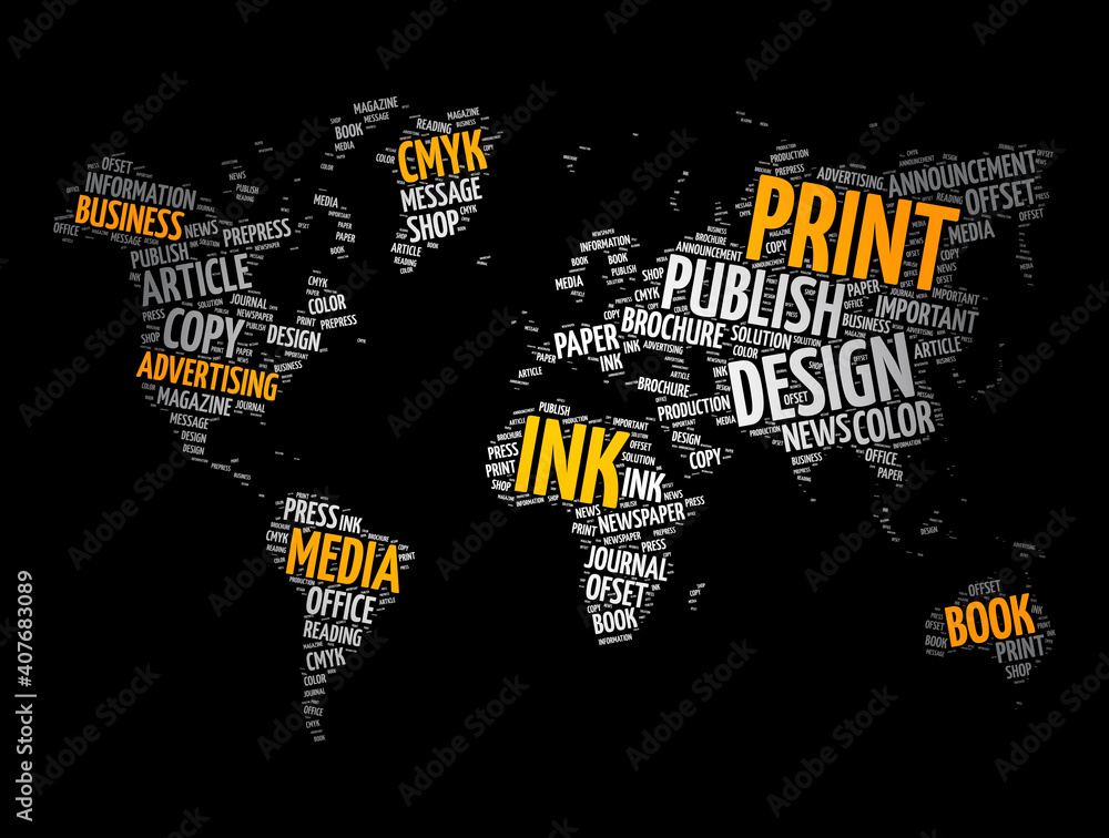 PRINT word cloud in shape of world map, creative business concept ...