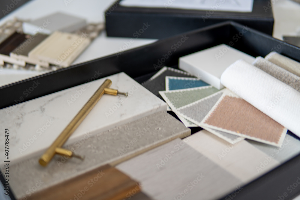 Interior designer's working table, an architectural plan of the house ...