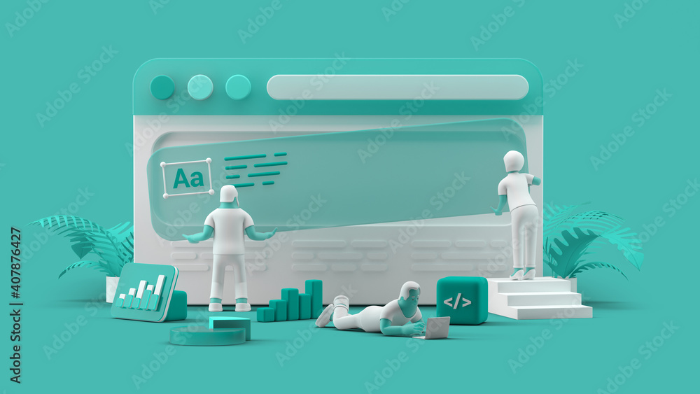 Web UI UX Design Teamwork concept 3D illustration. Team People Building Creating website User ...