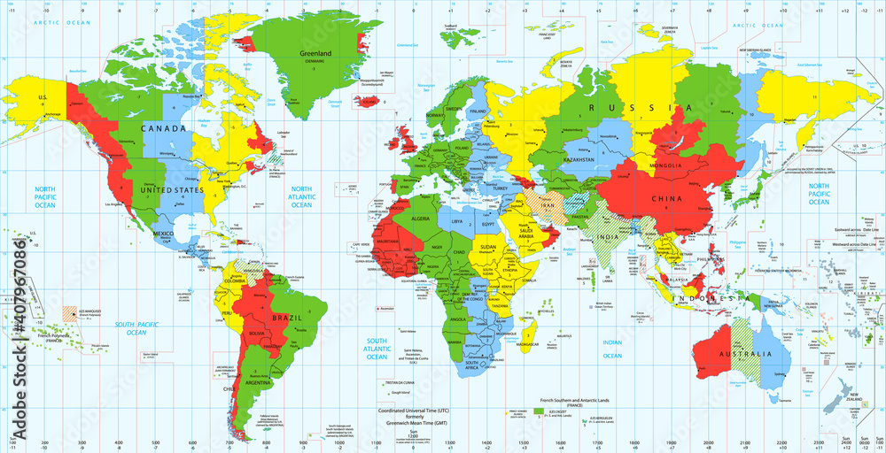 Detailed World map standard time zones Stock Vector | Adobe Stock