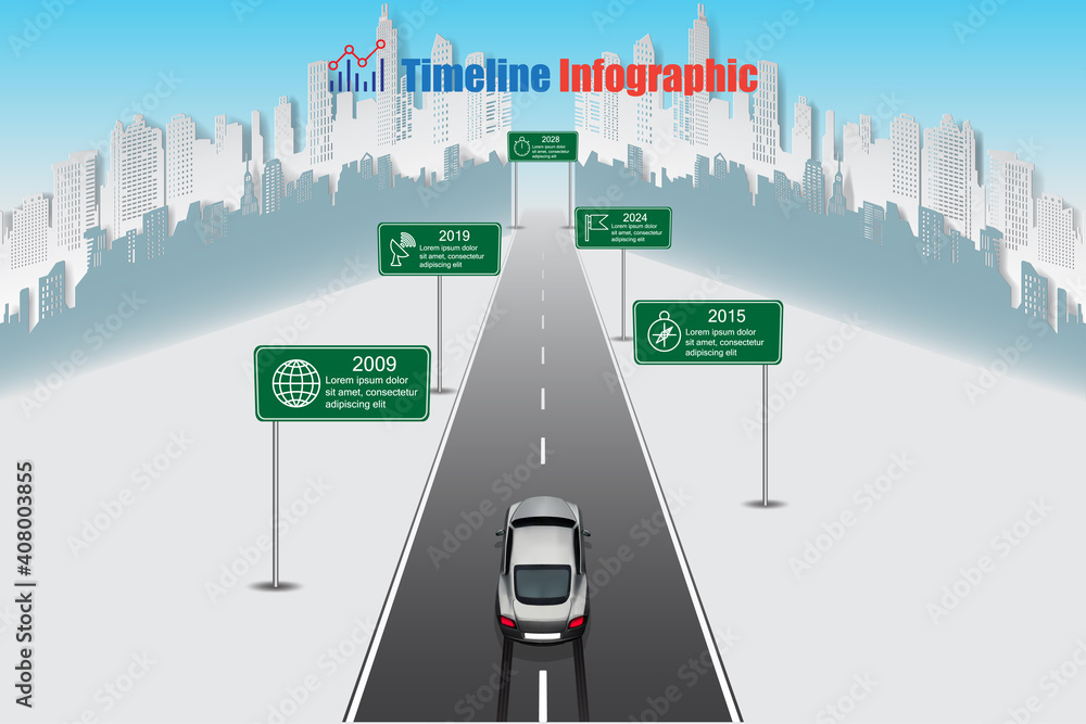 Business car roadmap timeline infographic city designed for background ...