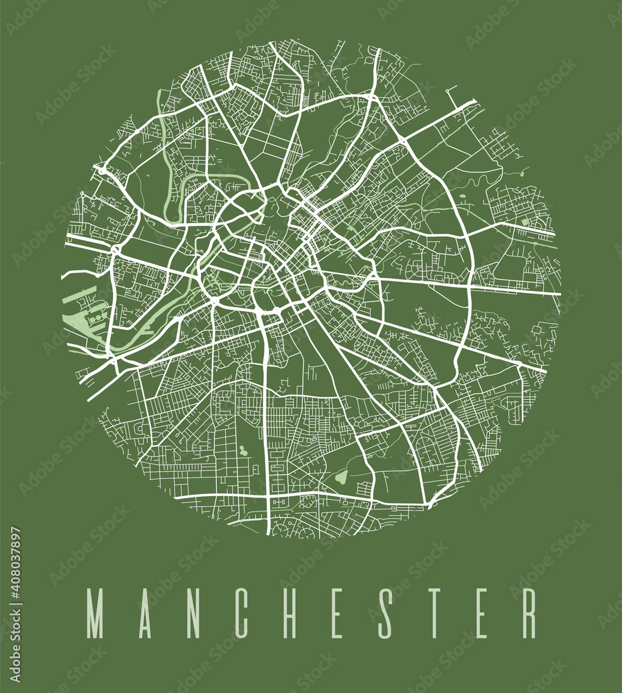 Manchester map poster. Decorative design street map of Manchester city ...