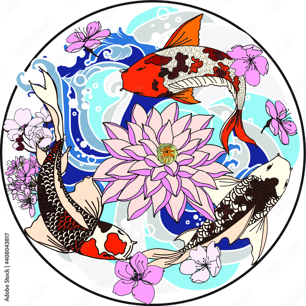 hand drawn Dragon and koi fish with flower tattoo for Arm,Japanese carp ...