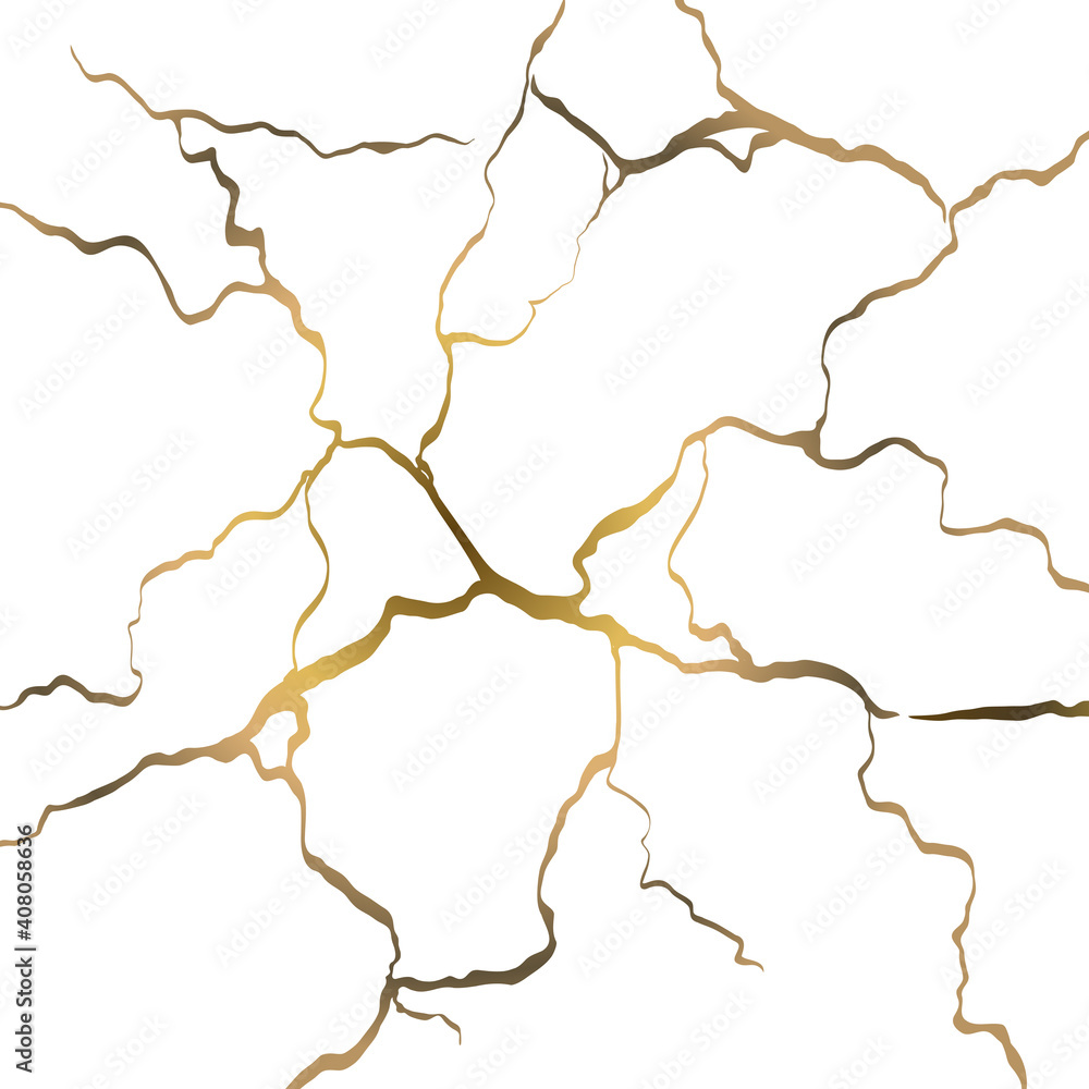 Gold crack on white background. Antique Kintsugi restoration technique ...