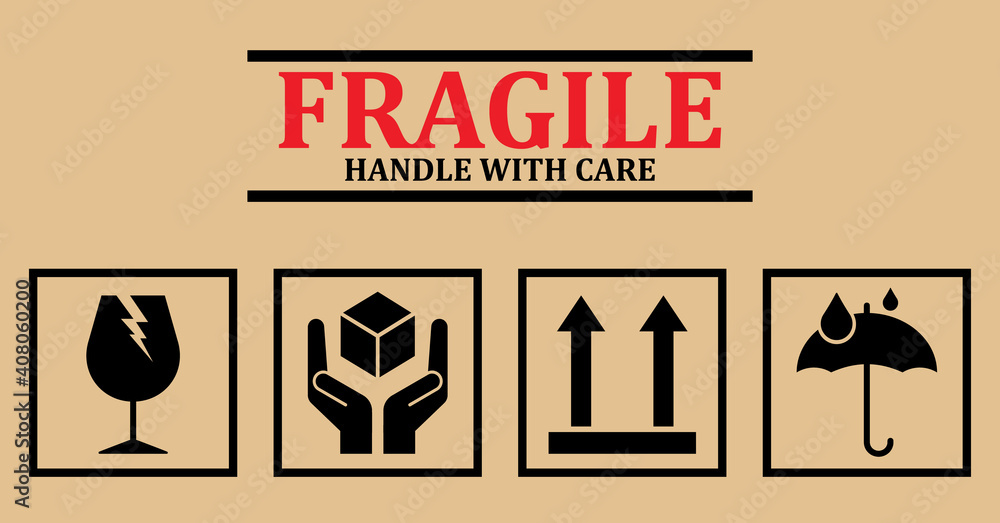 Fragile icons. Set Of Packaging Symbols :this side up, handle with care ...