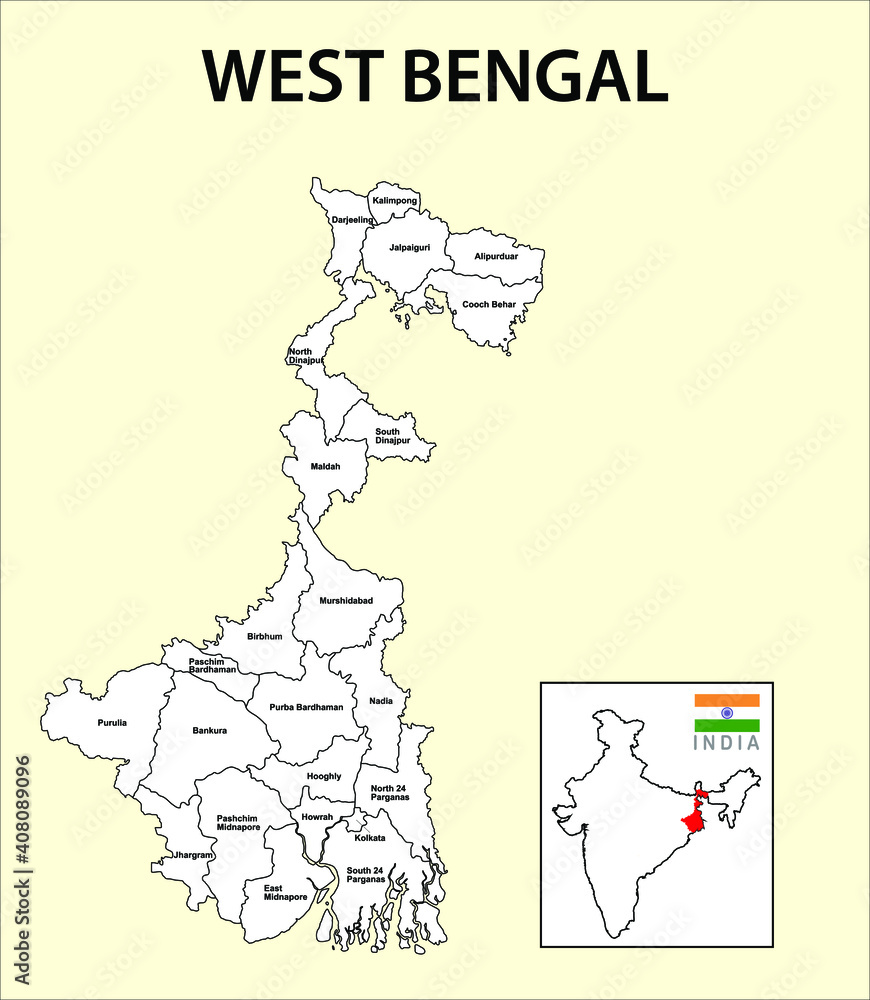 West Bengal map. Political and administrative map of West Bengal with ...