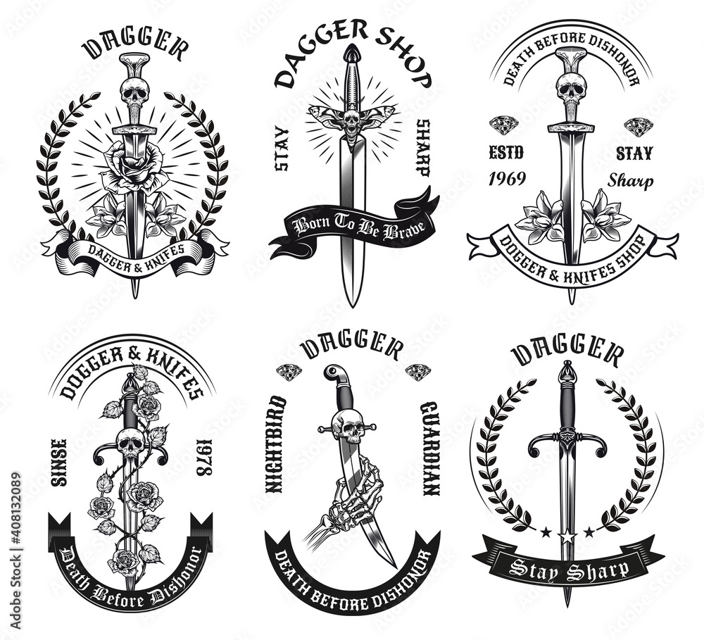 Dagger tattoo templates set. Monochrome design elements with long ...