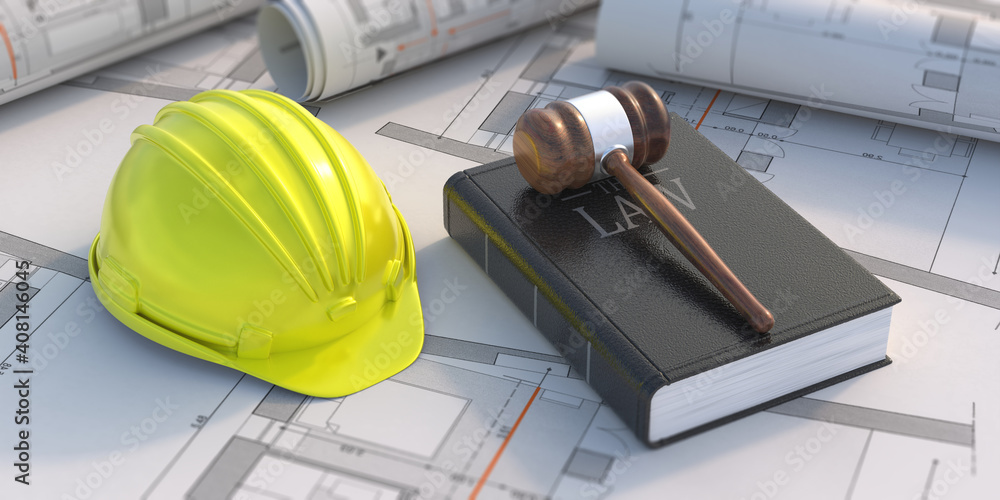 Construction, labor law concept. Judge gavel and book on project ...