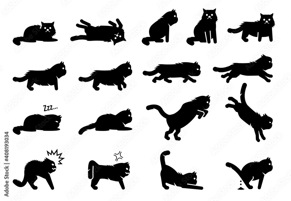 Persian cat poses, postures, emotions, and actions icons. Vector ...