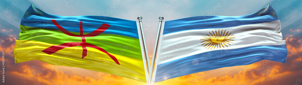 Argentina Flag and Amazigh Kabyle flag waving with texture sky Cloud ...