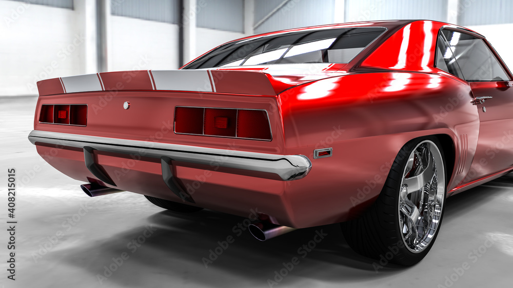 3D realistic illustration. Muscle red car rendering in garage. Vintage ...