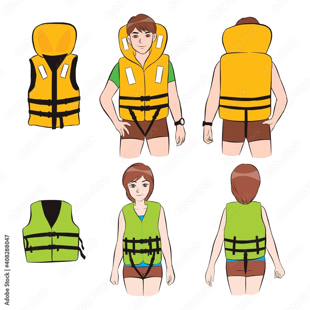 Life jacket for man and woman. Safe life before swimming. vector ...