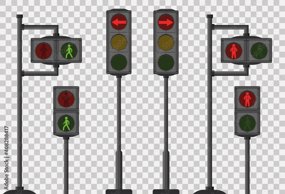 Isolated five sets of LED traffic lights showing sequence red, amber or ...
