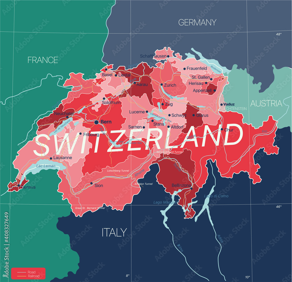 Switzerland country detailed editable map with regions cities and towns ...