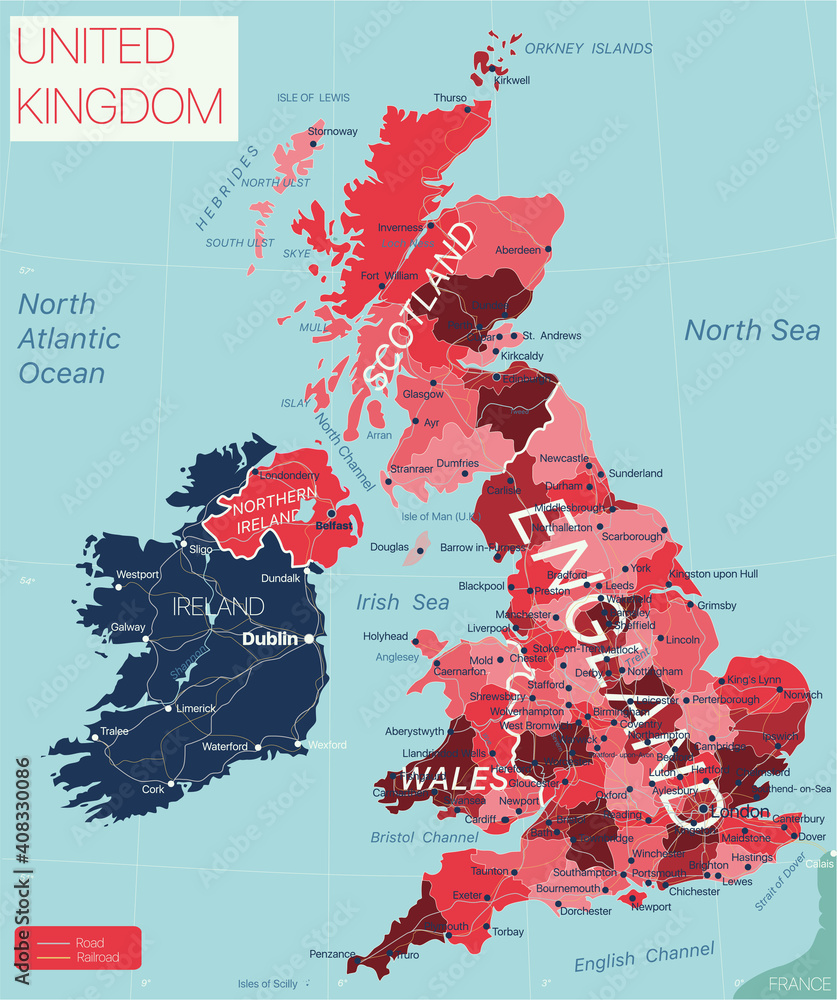 United Kingdom country detailed editable map with regions cities and ...