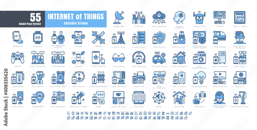 64x64 Pixel Perfect. Internet of Things (IOT). Monochrome Blue Filled ...