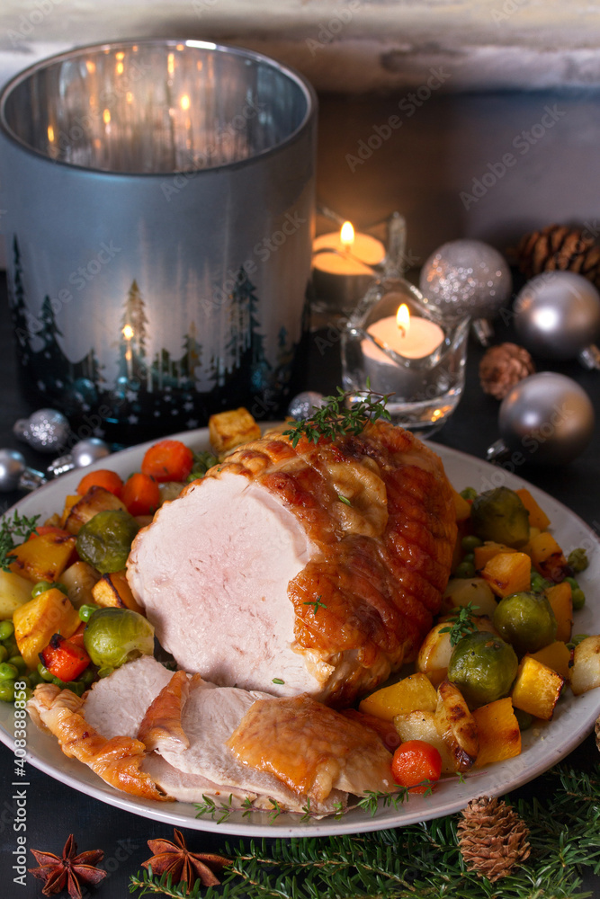 Roasted turkey breast with potatoes, carrots, turnip and brussel ...