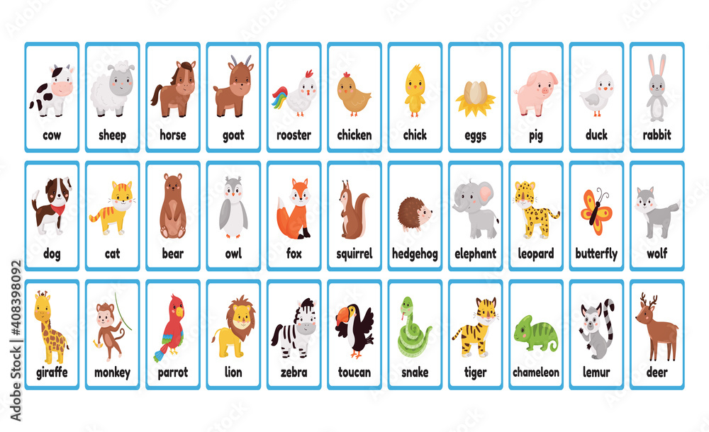 Big printable animals flashcards collection for learning english words ...
