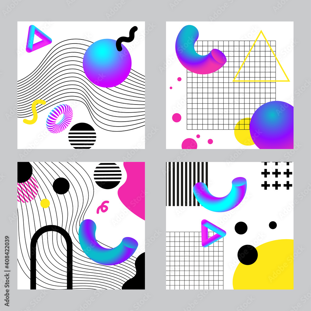 Vibrant 3d geometry and lines abstract collages set. Vector design for ...