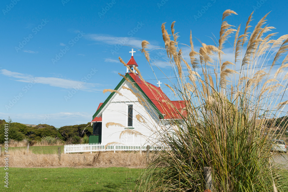 Old traditional design St Mary's Anglican Church in Waikawa with red ...