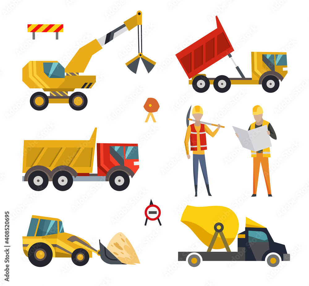 Big set of construction equipment machinery. Special machines for the ...