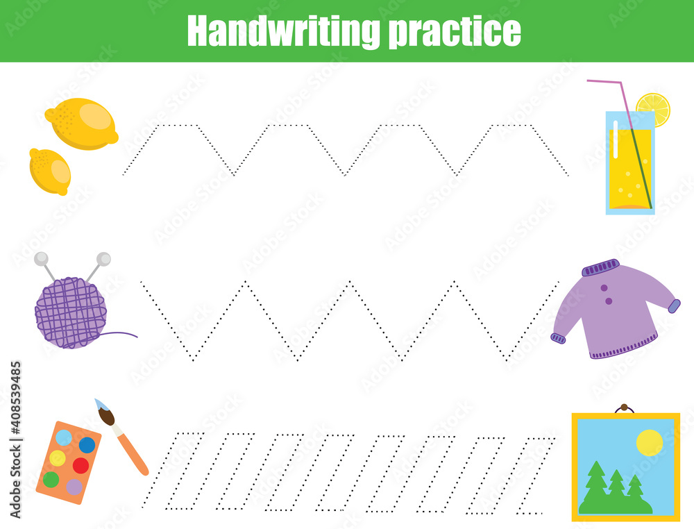 Handwriting practice sheet. Educational children game. Tracing lines ...