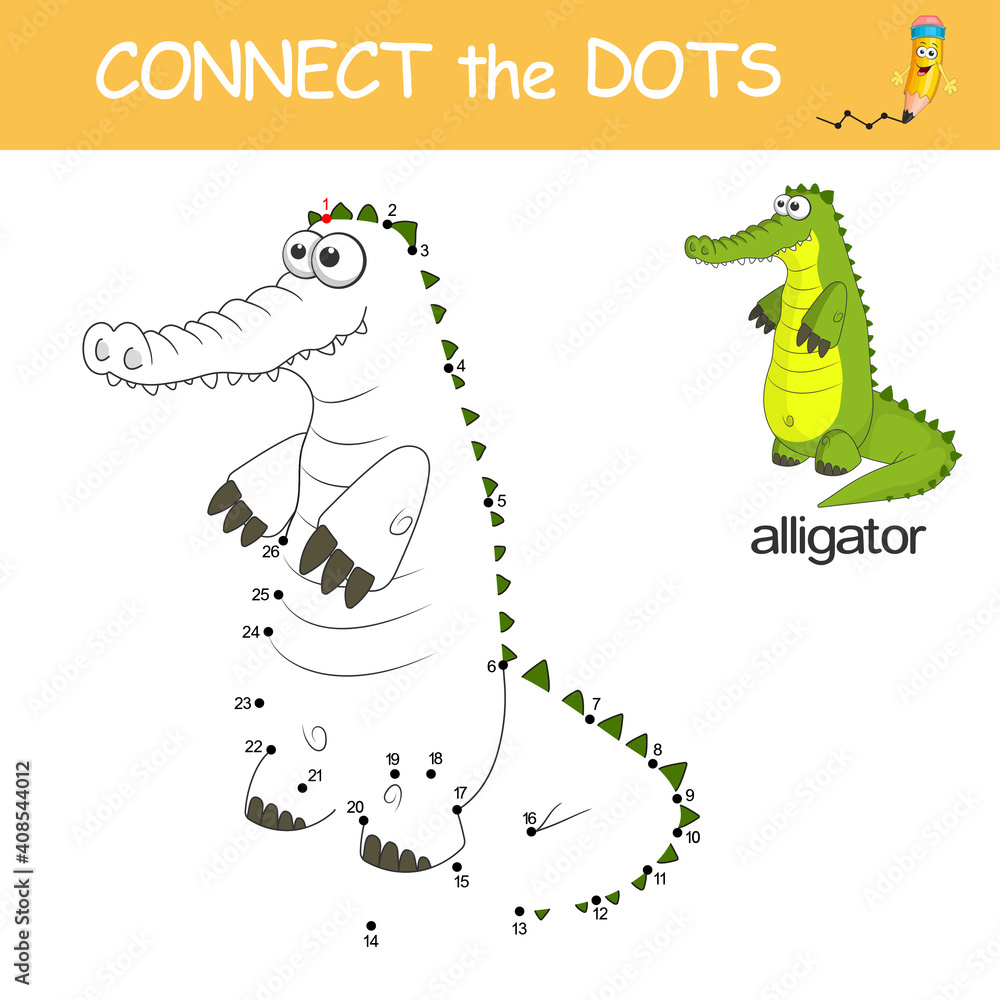 Crocodile. Dot to dot Game with answer. Connect the dots by numbers to draw the animal. Logic ...