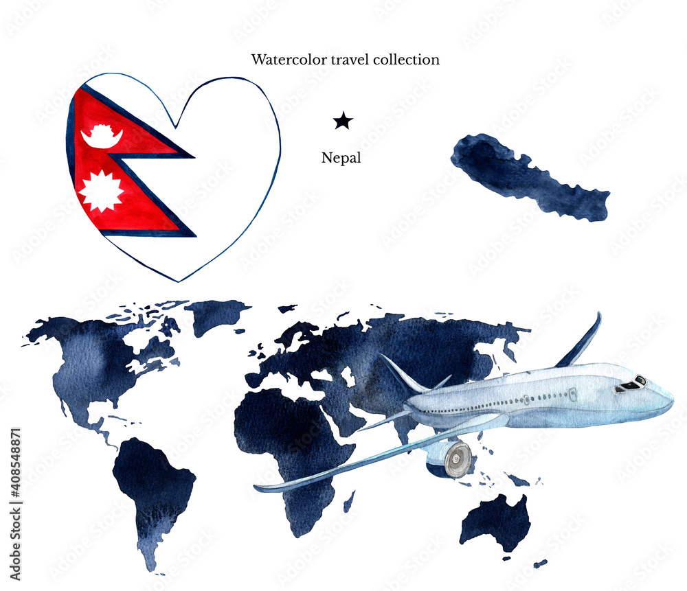 Watercolor hand drawn flag and map of Nepal.Blue world map with ...