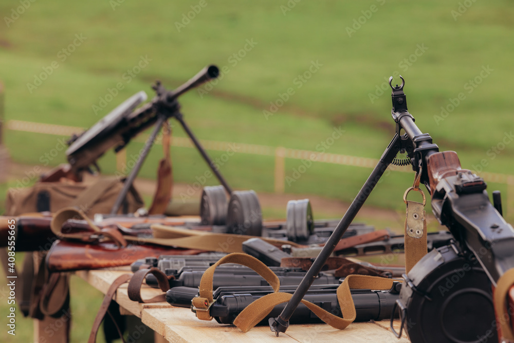 Two Diagterev submachine guns stand opposite each other on a table ...