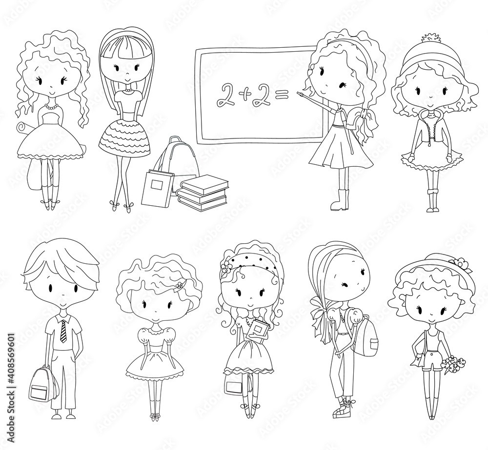 Adult Coloring book pupil. School children. Girls and boy. Schoolgirl ...