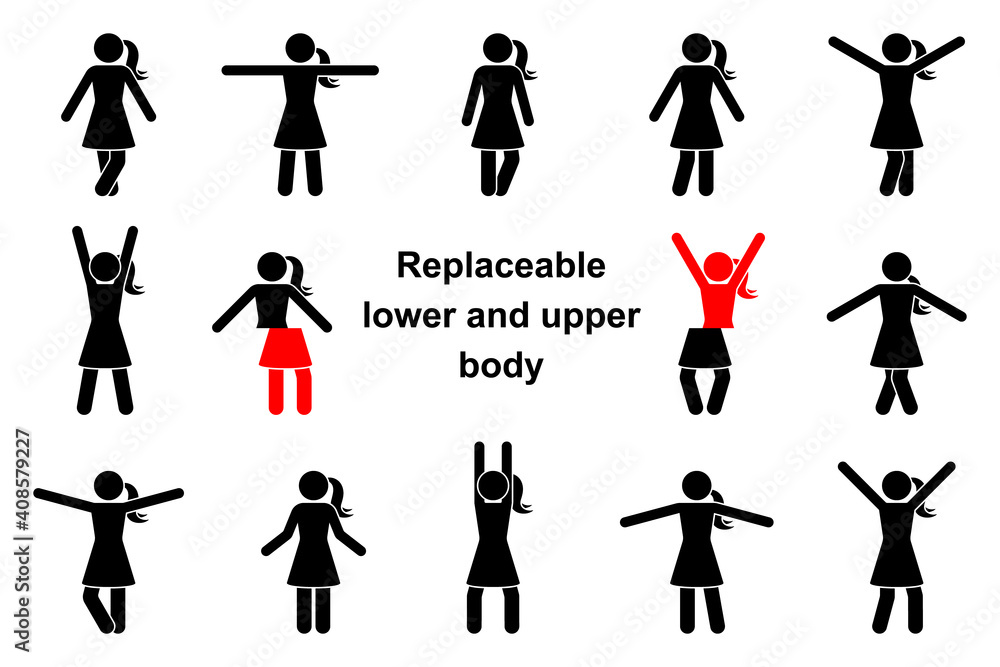 Standing front view stick figure woman vector icon illustration set ...