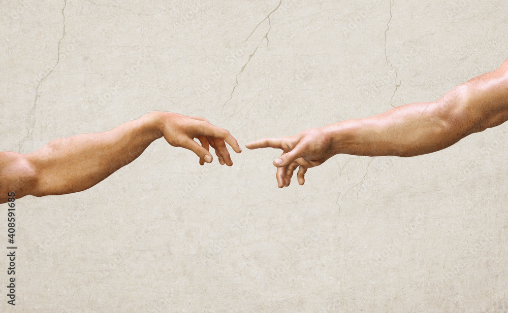 Hands reaching, Creation of Adam Michelangelo wall paintings. 3D ...