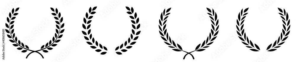 Set of black circular foliate laurels branches.Laurel wreath.Silhouette ...