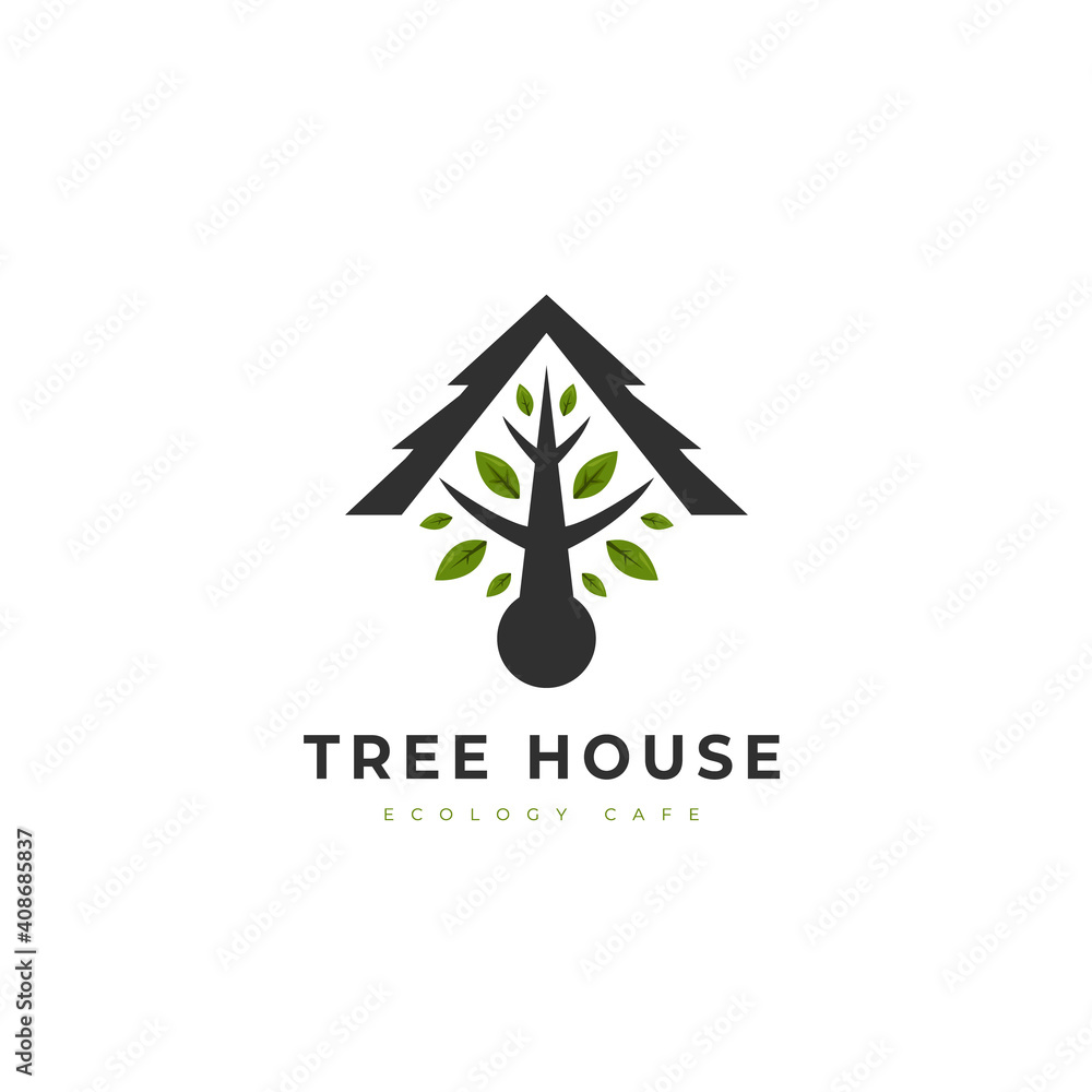 Tree house home logo, tree sprout growth with roof logo icon vector ...