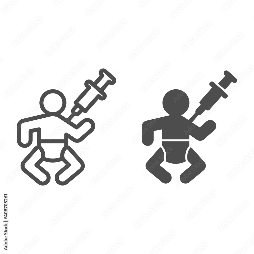 Child and syringe line and solid icon, injections concept, Pediatric ...
