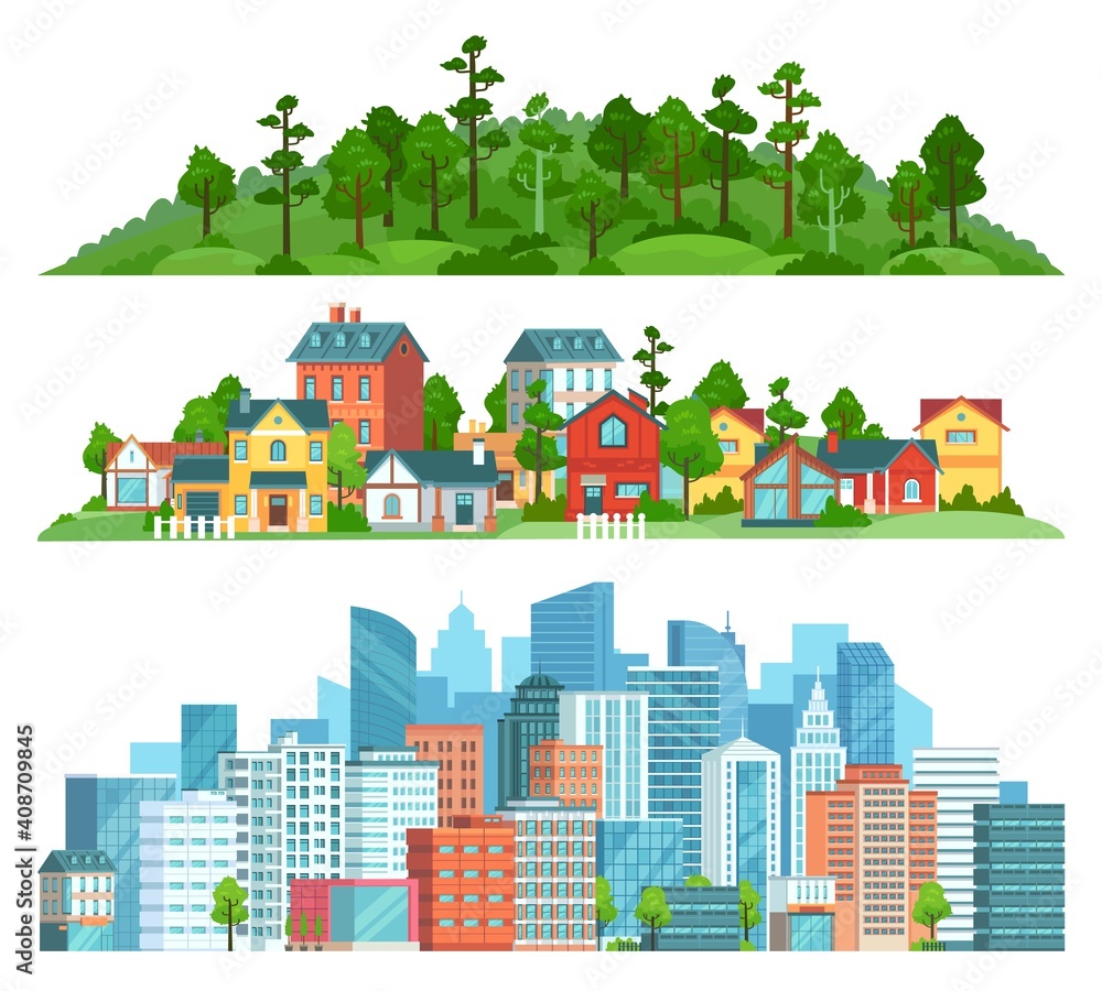 Nature, suburban landscape and cityscape isolated illustration set ...