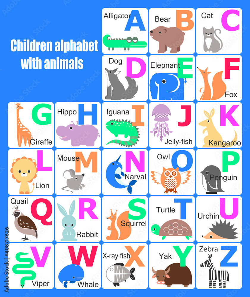 English alphabet with cute animals vector illustrations set. Alphabet ...
