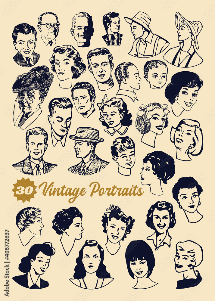 Vector set of 30 vintage medal style portraits hand drawn Stock Vector ...