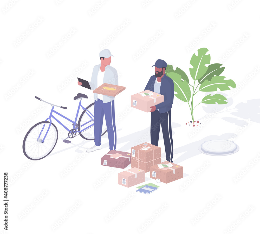 Couriers sort and load parcels realistic isometric. Male characters ...