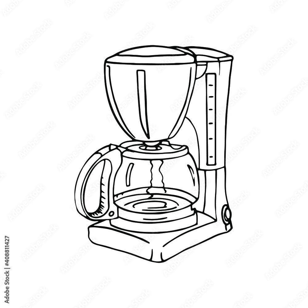 Drip coffee maker illustration. Hand-drawn black lines illustration of ...