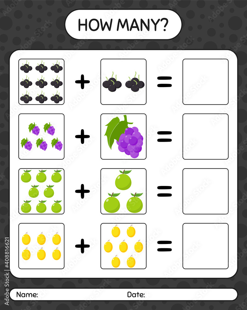 How many counting game with fruit. worksheet for preschool kids, kids ...