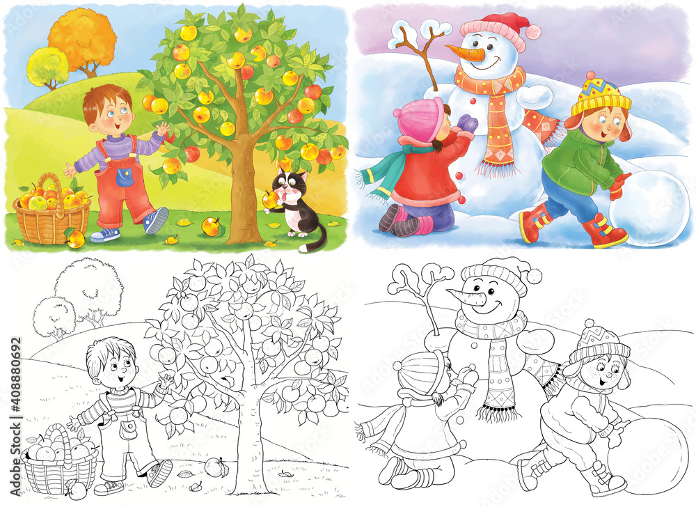 Two seasons. Autumn and winter. Cute boy and girl. Coloring page ...