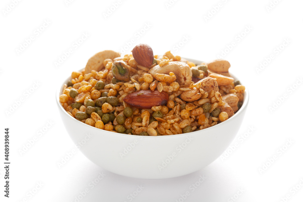 'Shahi Mixture' in a white ceramic bowl, made with peanut, cashew, corn ...