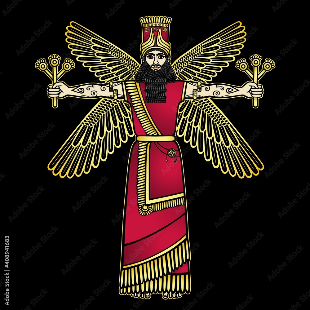 Cartoon color drawing: bearded man with four wings holds the rods of ...