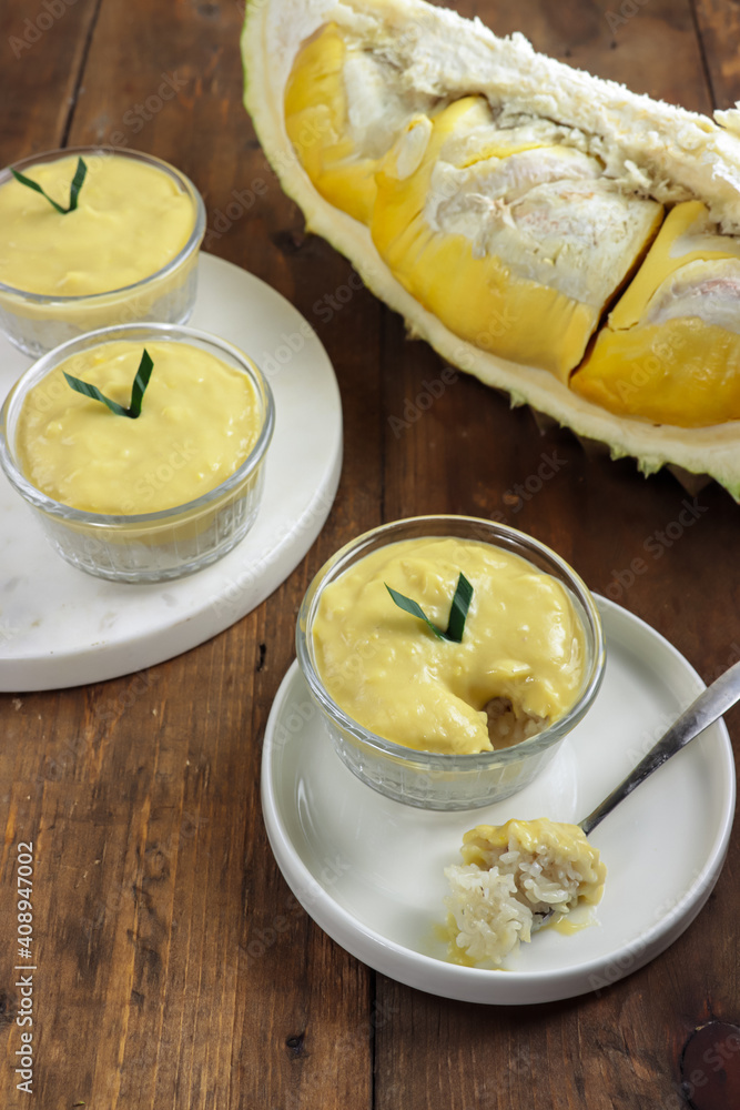 Ketan duren or durian lumer, an Indonesian traditional snack, which is ...