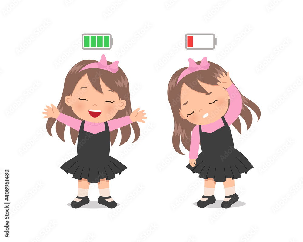 Cute girl happy vs tired with battery icon indicator high vs low. Flat ...