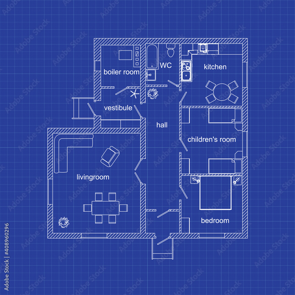 Blueprint floor plan of a modern apartment on graph paper. Vector house ...