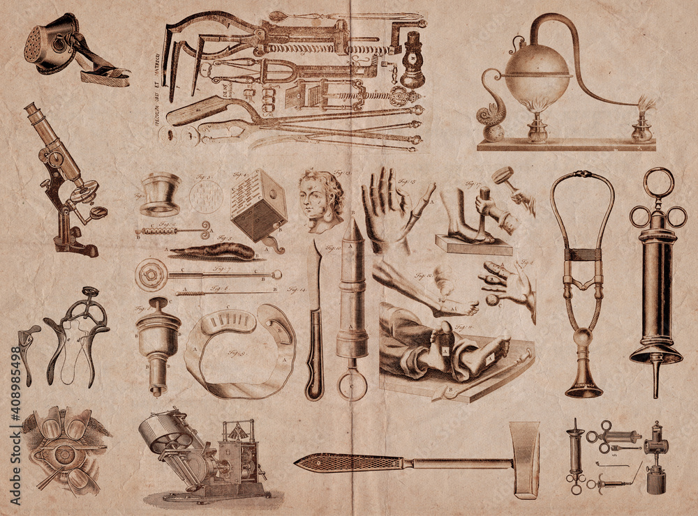 Various instruments and practices of ancient medicine used by doctors ...